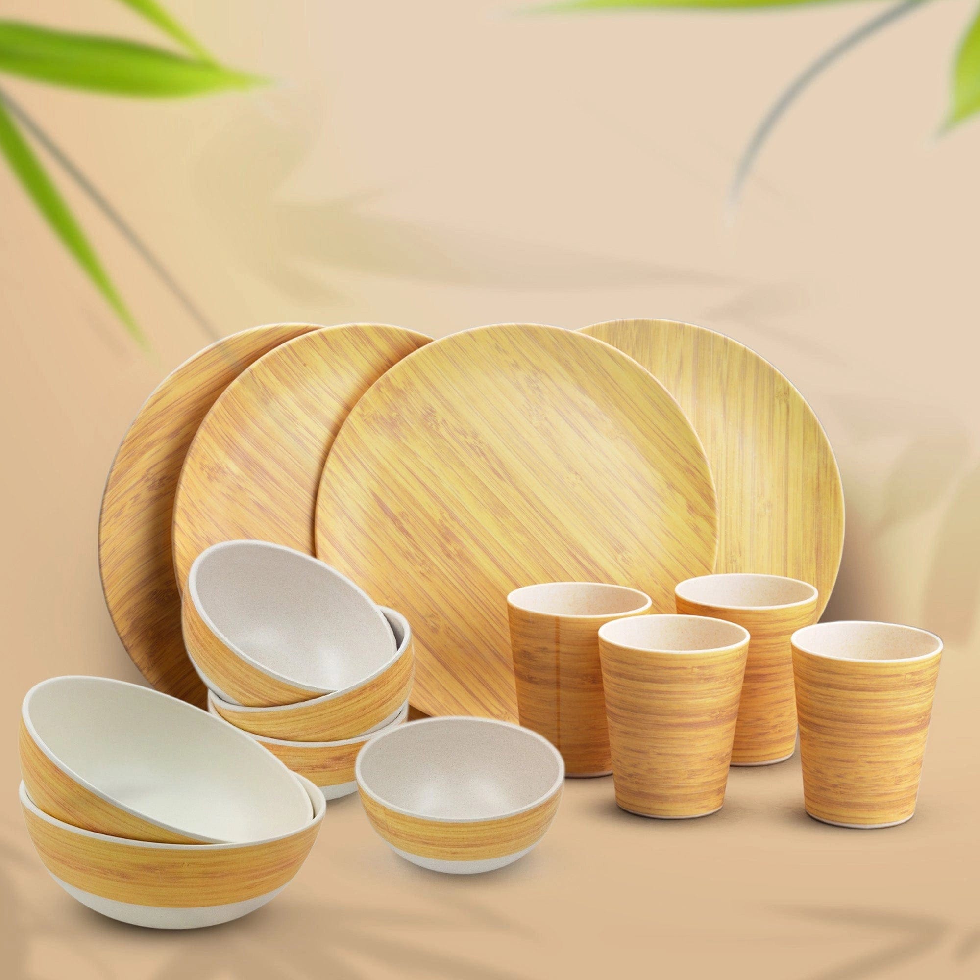 Bamboo Fibre Dinner Set | 14pcs Set | Wooden Design
