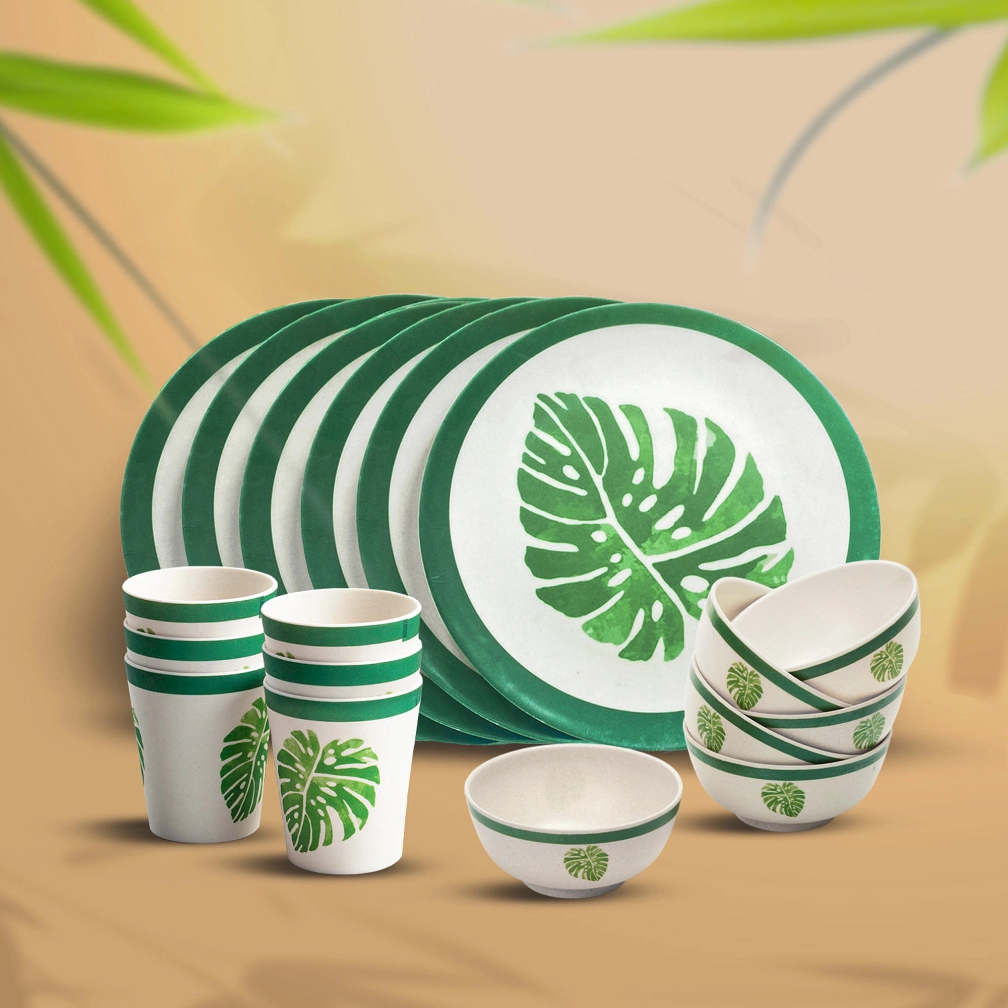 Bamboo Fibre Dinner Set | 18pcs Set | Leaf Design