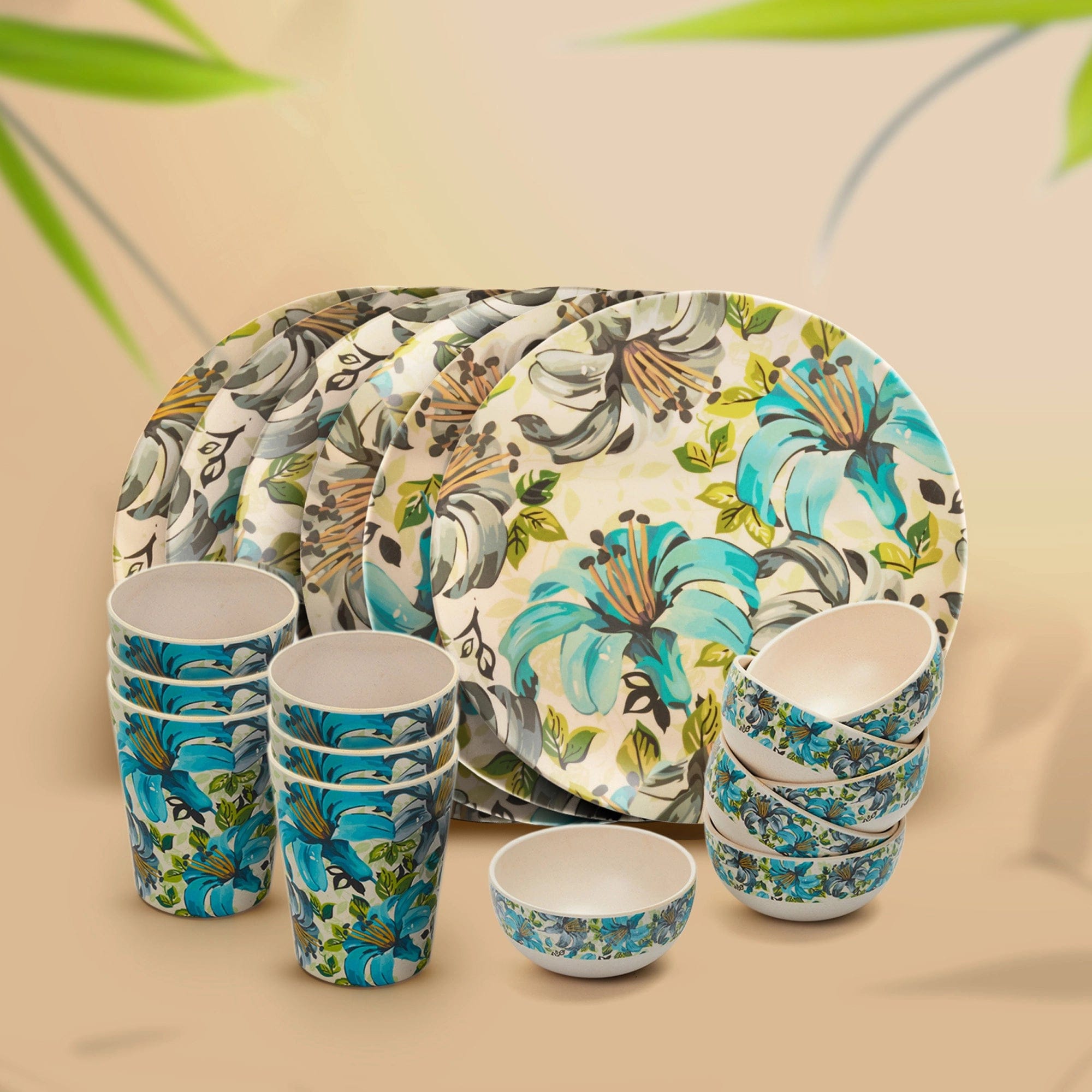 Bamboo Fibre Dinner Set | 18pcs Set | Leaf & Flower Design